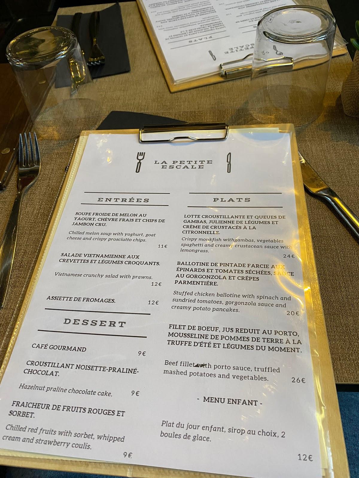 Menu at la petite escale restaurant, Antibes