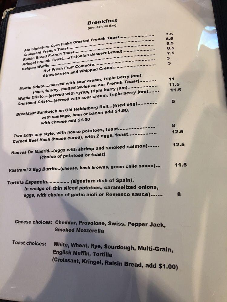 Menu at Alo Cafe, Scottsdale