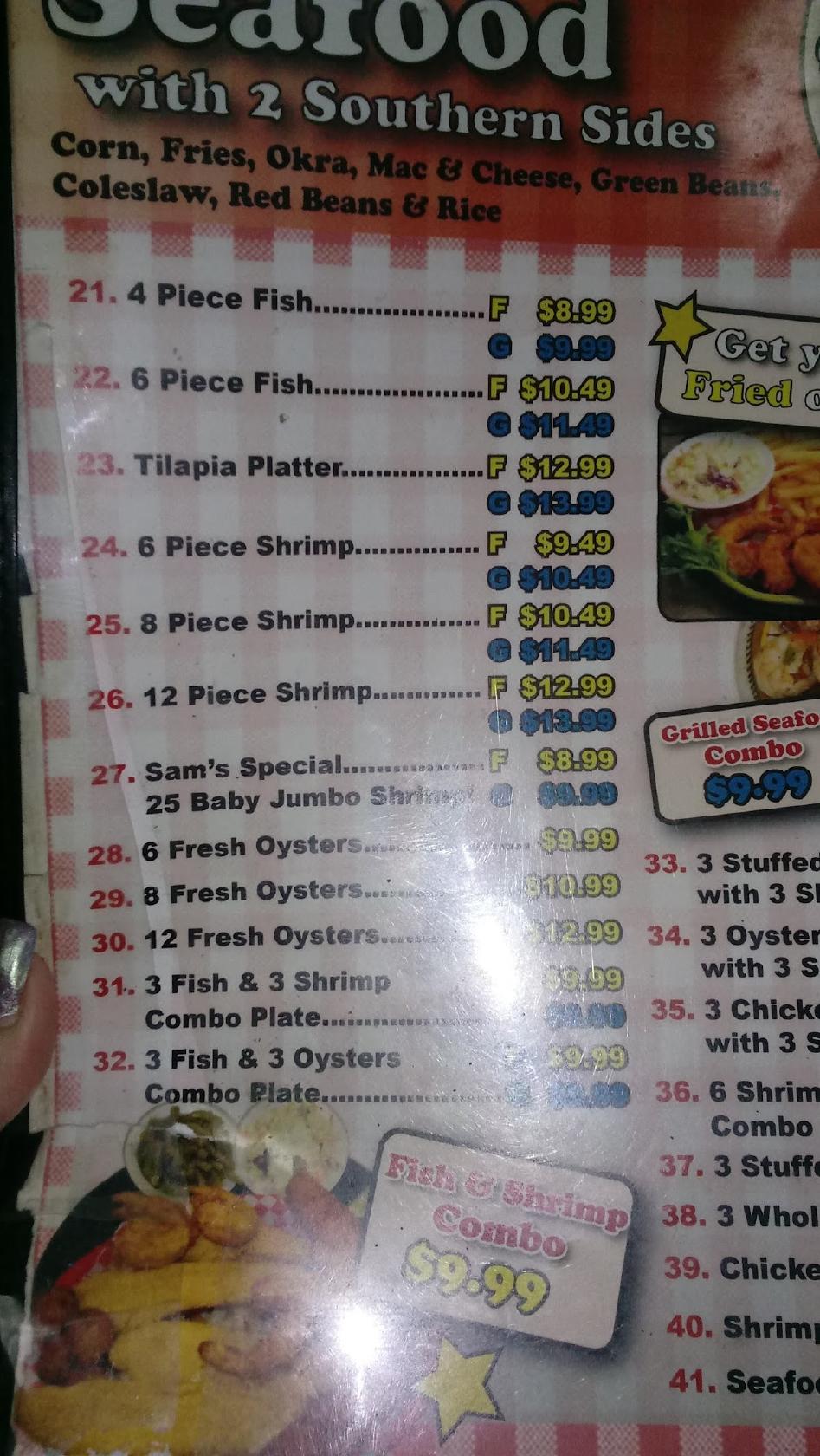 Menu at Sam's Southern Eatery restaurant, Bayou Vista