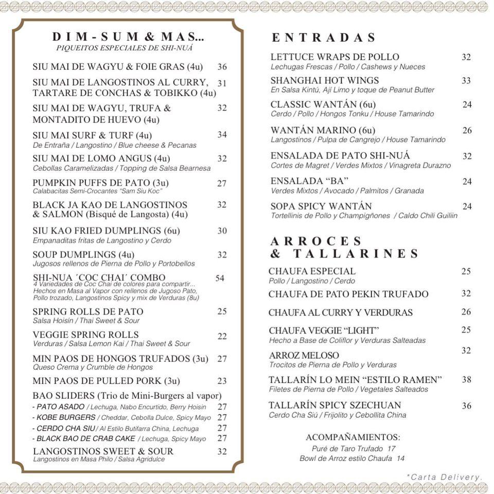 Carta del restaurante Shi-Nua, Lima