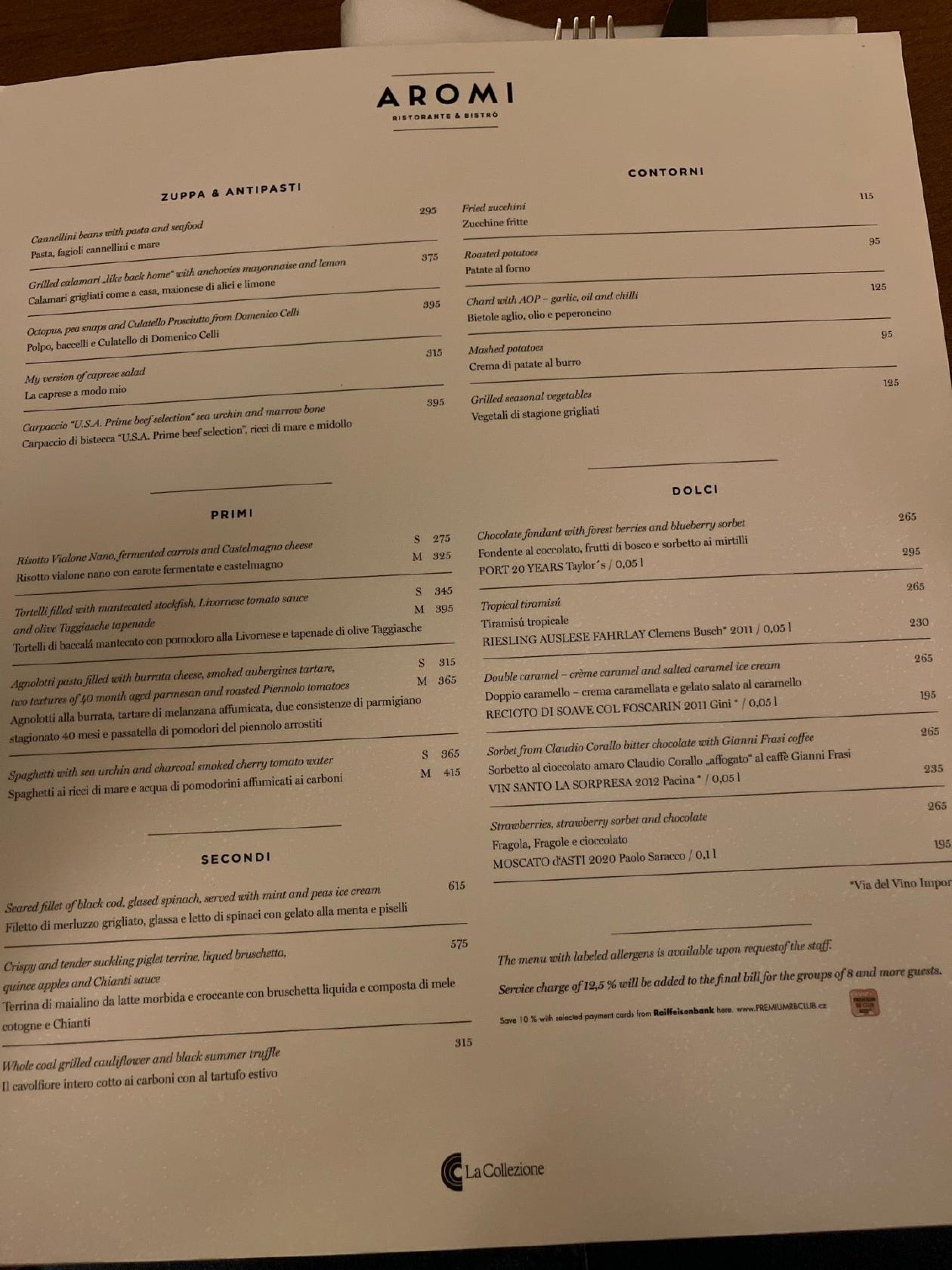 Menu at Aromi restaurant, Prague, Náměstí Míru 1234/6
