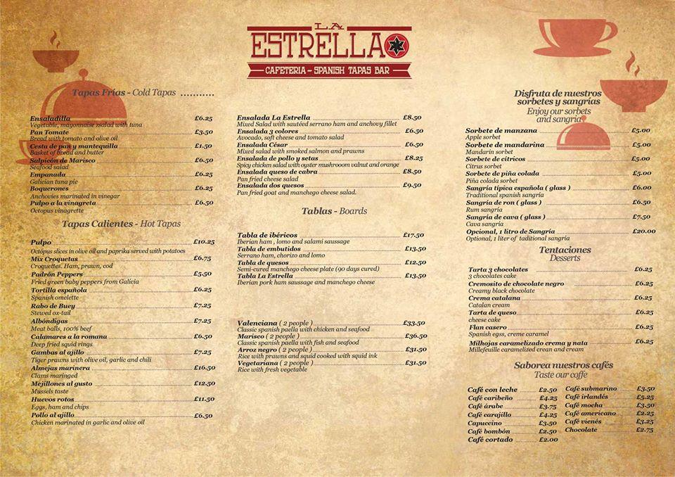 Menu at La Estrella pub & bar, London, Consort House