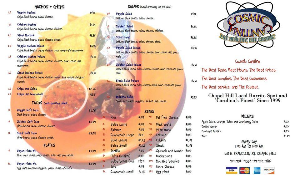 Menu at Cosmic Cantina restaurant, Chapel Hill