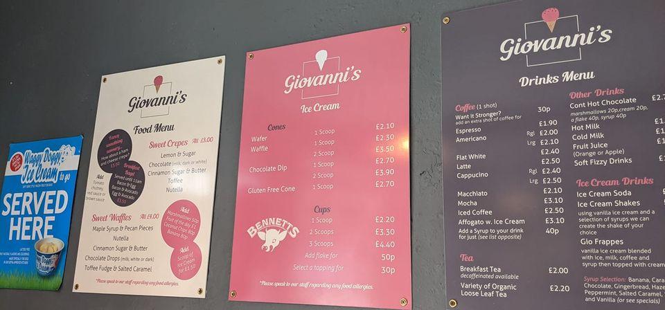 Menu at Giovanni's. Coffee, Ice Cream and Crepes. cafe, Bridgnorth
