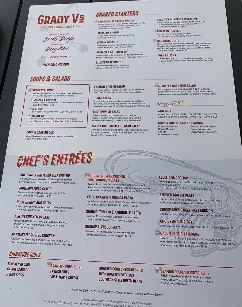 Menu at Grady V's restaurant, Thibodaux
