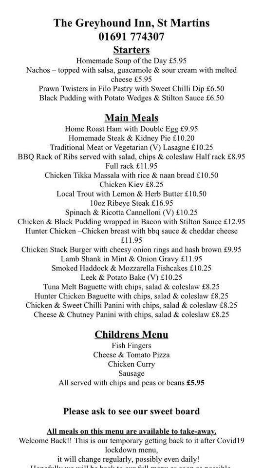 Menu at Greyhound Inn restaurant, Saint Martin's