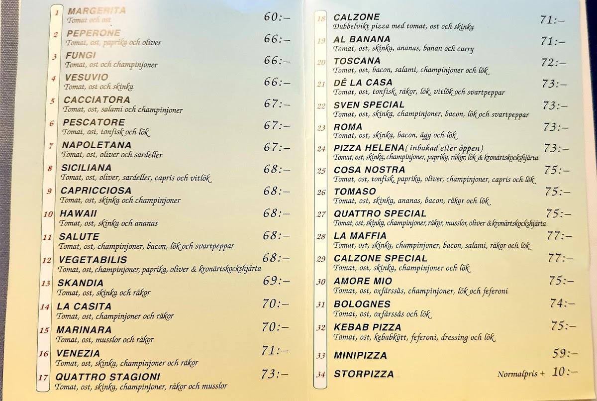 Menu at Helena pizzeria, Malmö, Henrik Smithsgatan 2