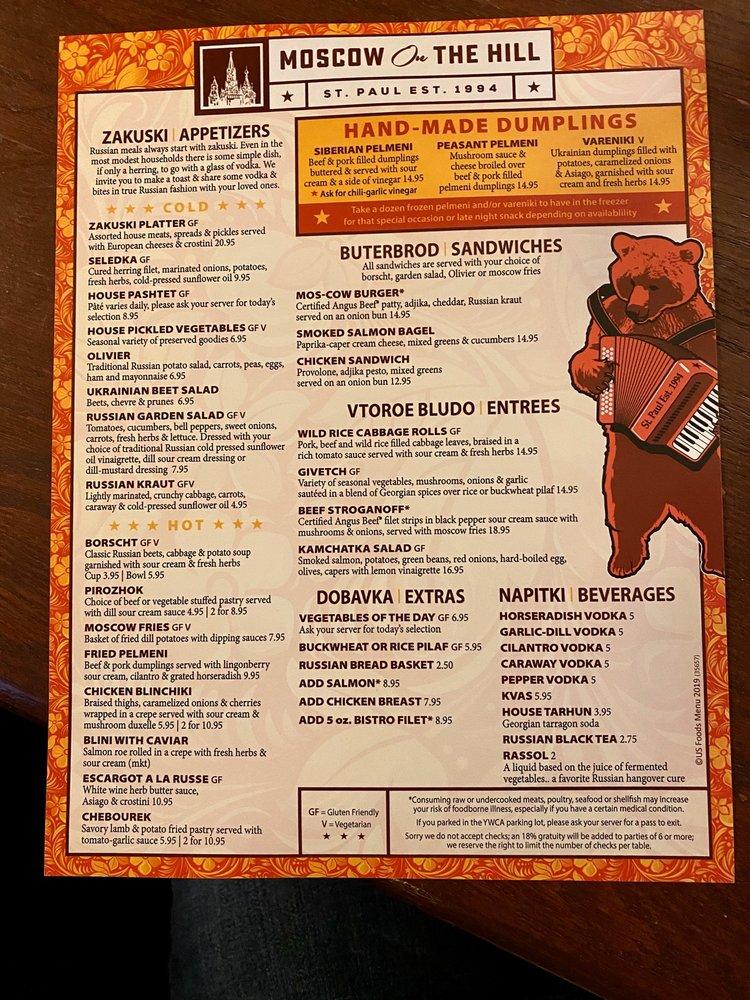 Menu at Moscow on the Hill pub & bar, Saint Paul