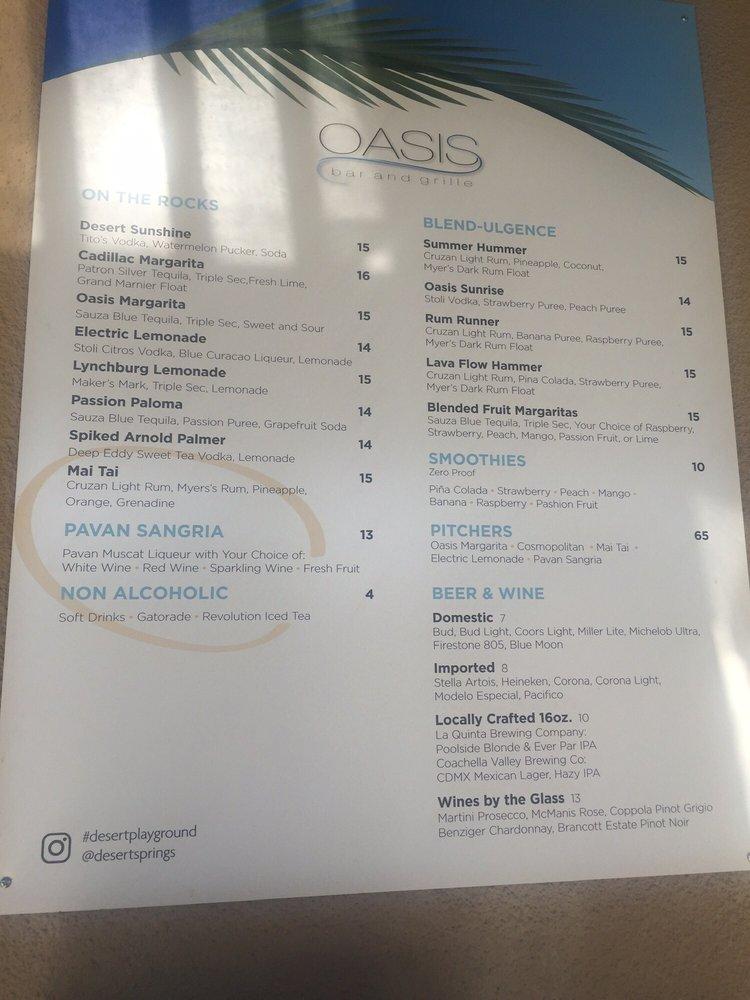 Menu at Oasis Pool Side Bar and Grill, Palm Desert