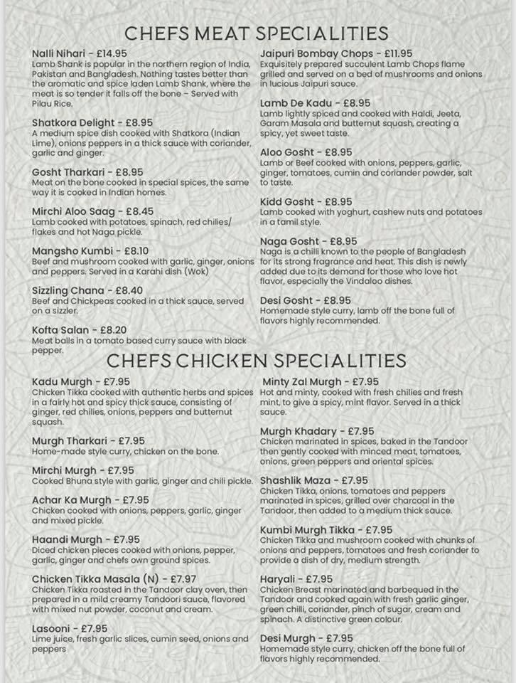 Menu at Radhuni restaurant, South Shields