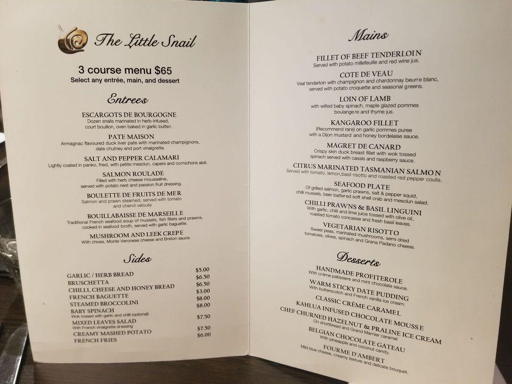 Menu at The Little Snail Restaurant, Pyrmont, 3/50 Murray St