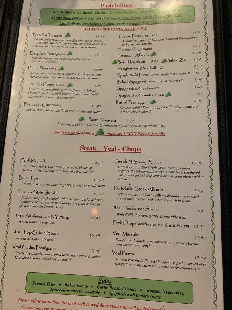 Menu at The Tuscan Italian Grill restaurant, Altavista, Dearing Ford Rd