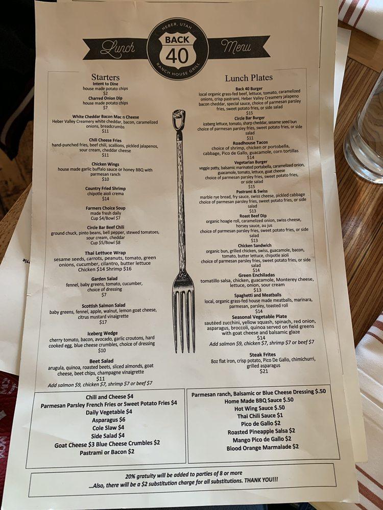 Menu at Back 40 Ranch House Grill pub & bar, Heber City