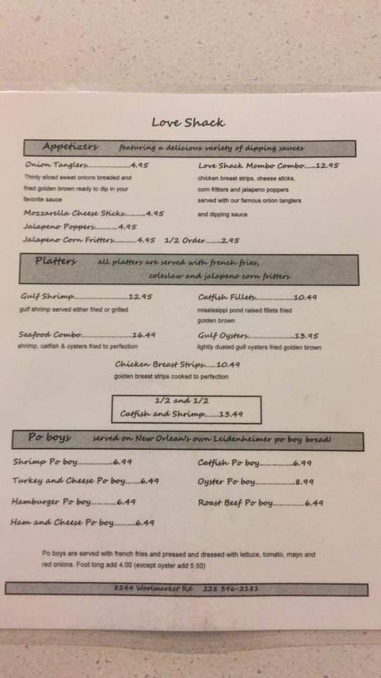 Menu at Love Shack cafe, Biloxi