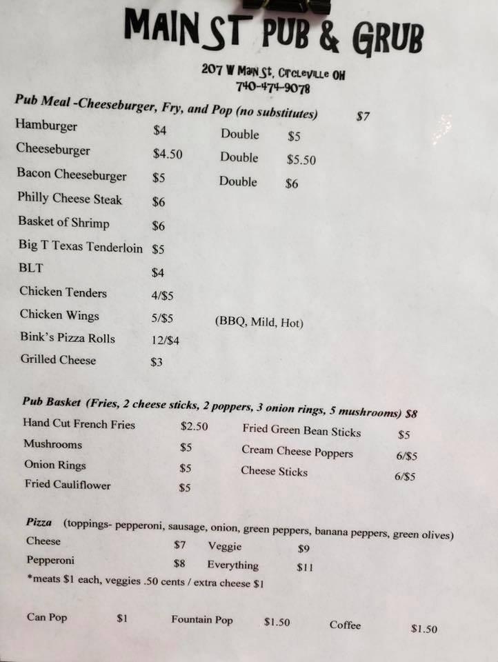 Menu at Main Street Pub, Circleville, 207 W Main St