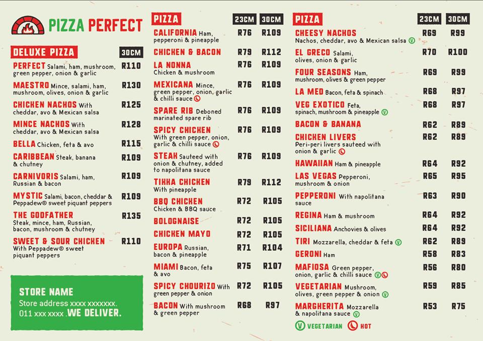 Menu at Pizza Perfect Welkom pizzeria, Welkom