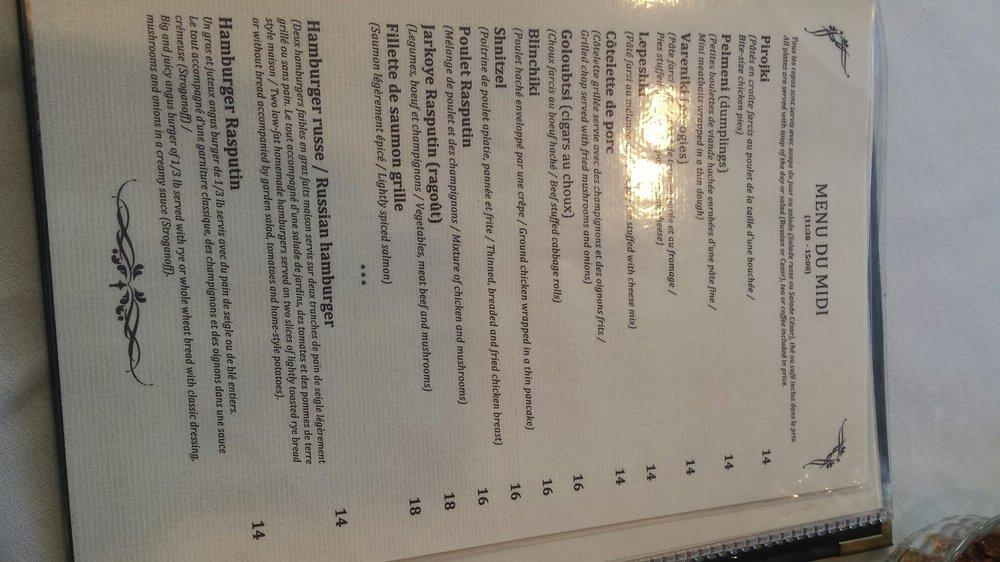 Carta del restaurante Rasputin, Montréal