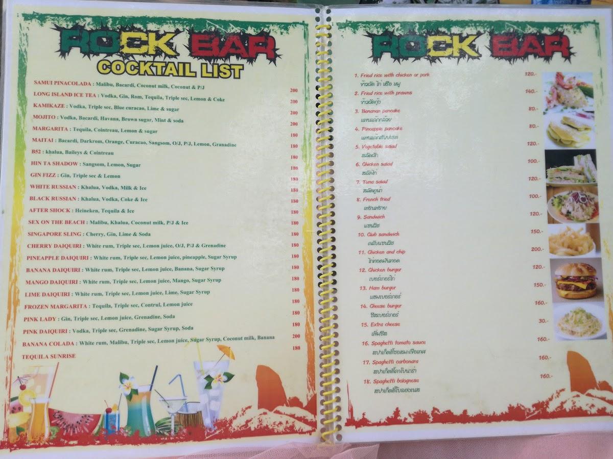 Menu at Rock Bar, Ko Samui, 92 84310 126/92 Moo 3