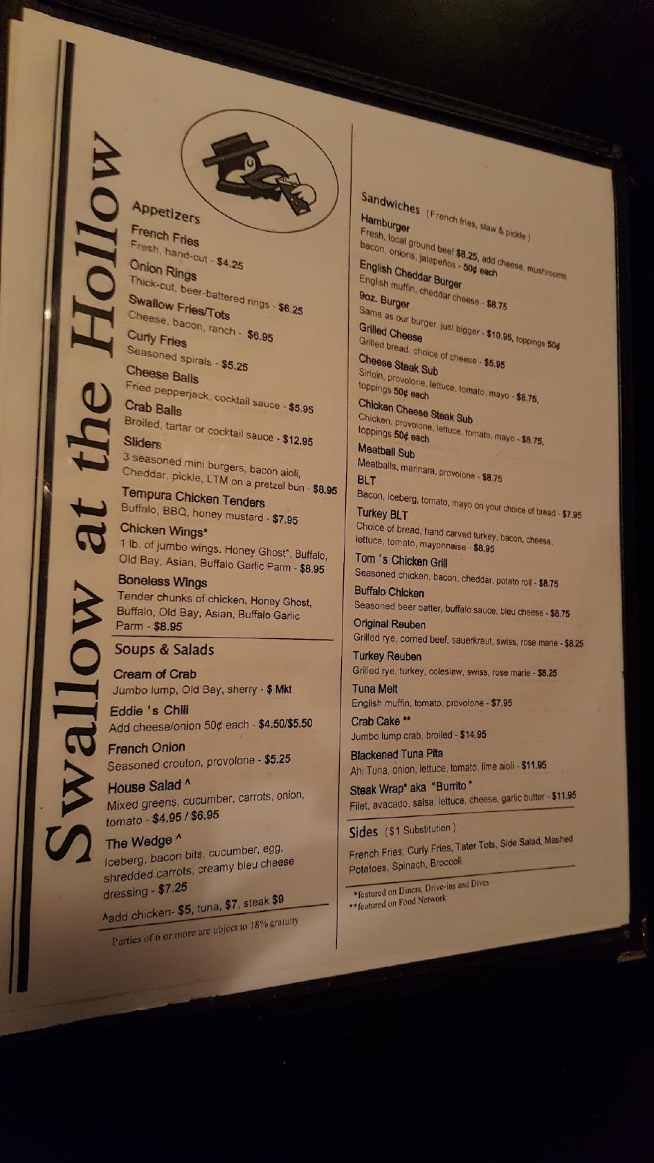 Menu at Swallow At the Hollow pub & bar, Baltimore