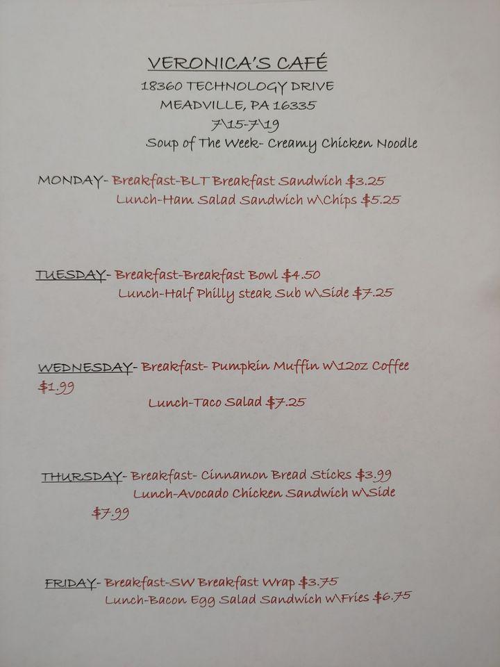 Menu at Veronica's Cafe, Meadville