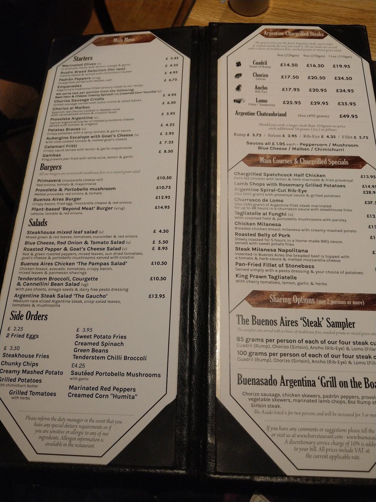Carta de Buenos Aires Argentine Steakhouse - Reigate, Reigate