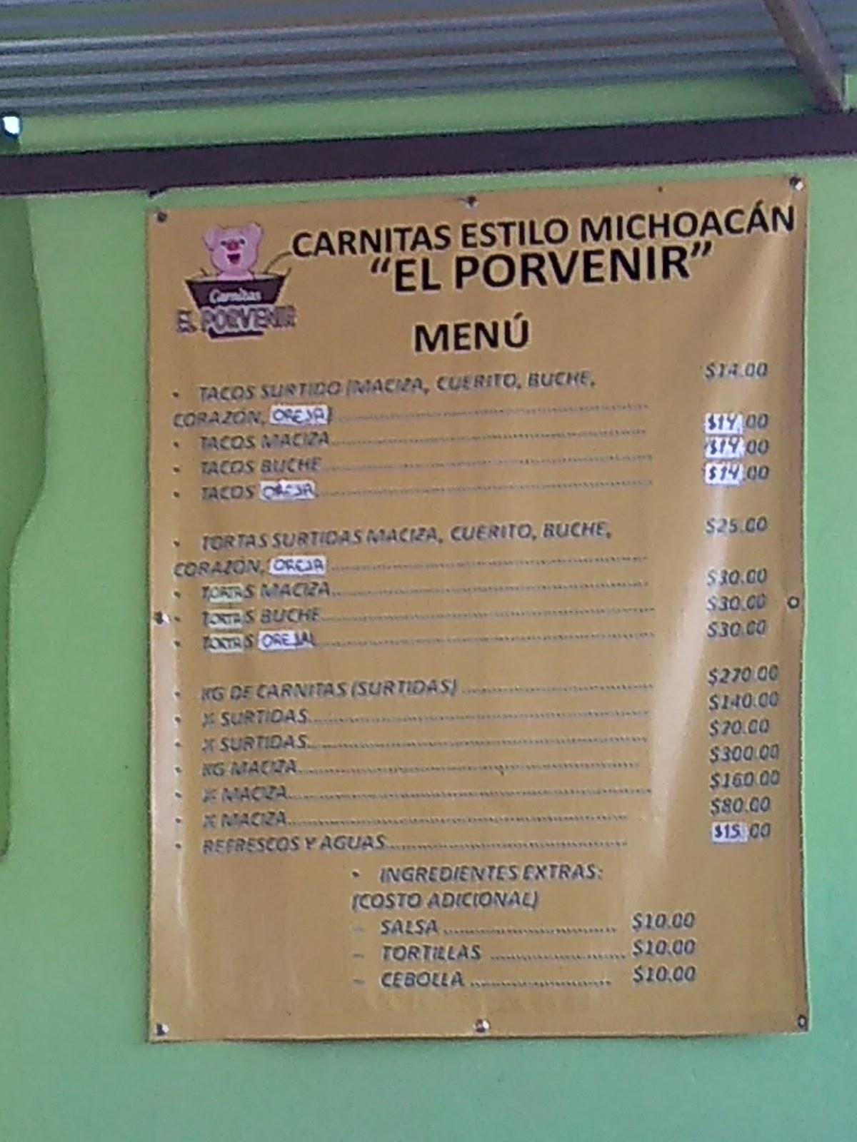 Menu at Carnitas estilo Michoacán El Porvenir restaurant, Merida