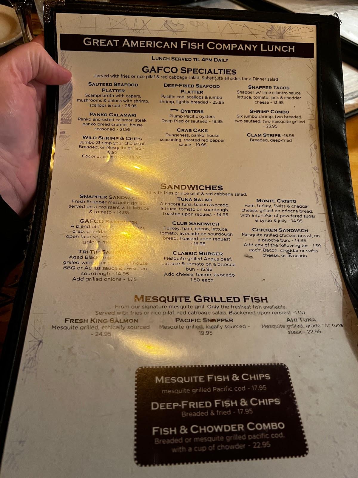 Menu at Great American Fish Company restaurant, Morro Bay