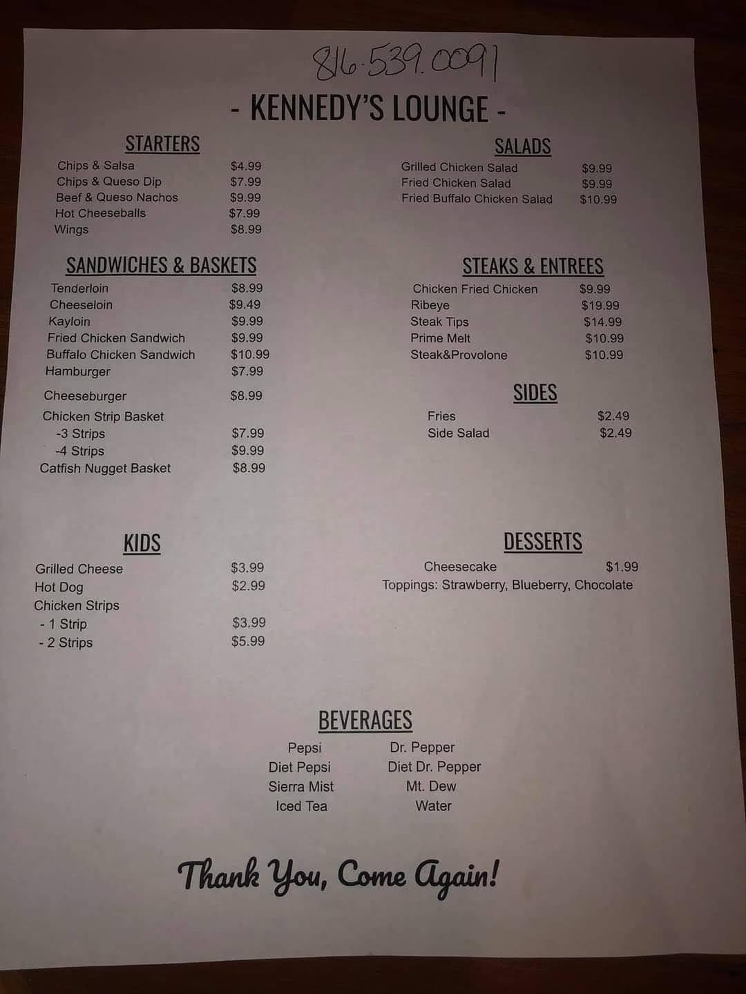 Menu at Kennedy's Lounge restaurant, Plattsburg