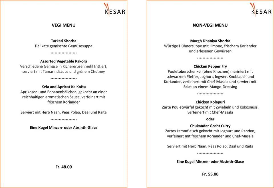 Menu at Kesar, Bern, Murtenstrasse 131