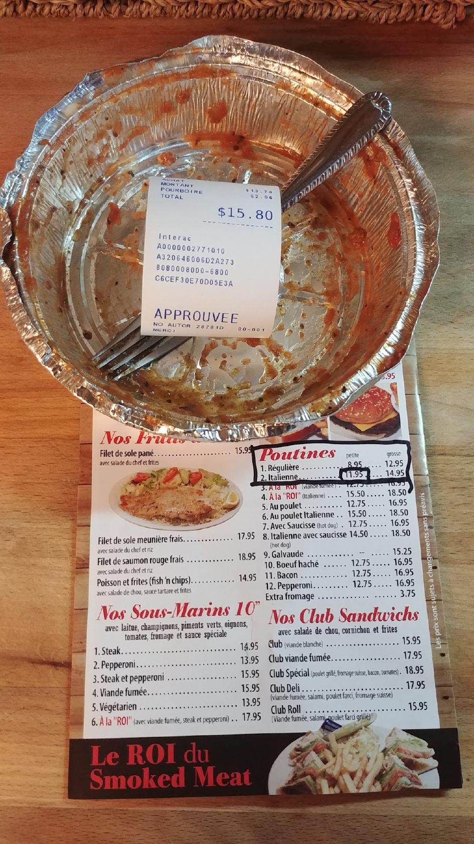 Menu at Le Roi du Smoked Meat restaurant, Montréal