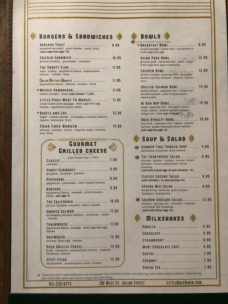 Menu at Little Duck Diner restaurant, Savannah
