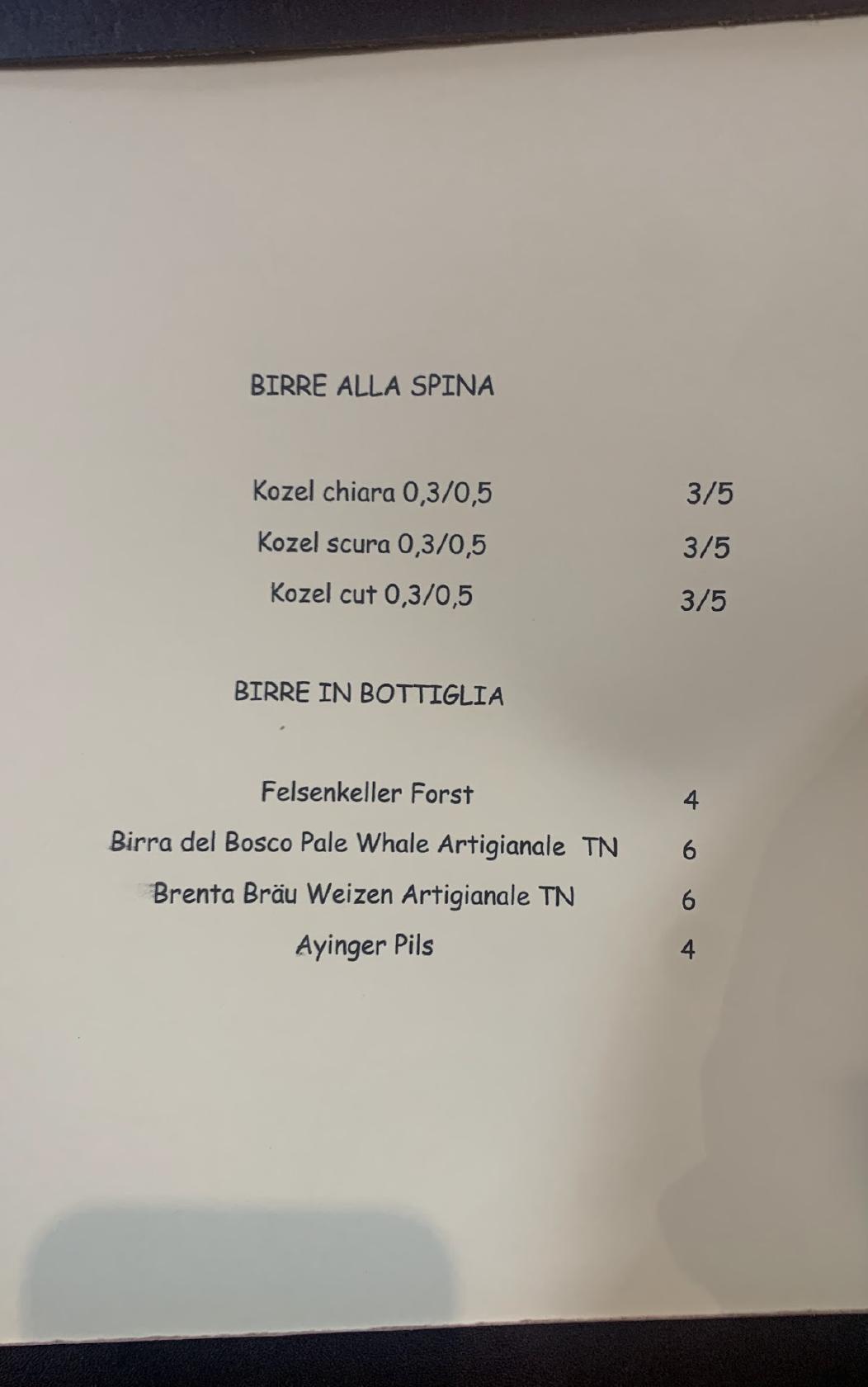 Menu at Osteria all'Ombra restaurant, Riva del Garda