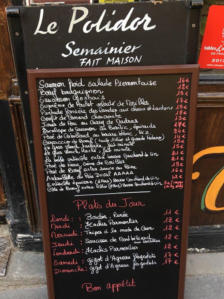 Menu at Polidor restaurant, Paris, 41 Rue Monsieur le Prince