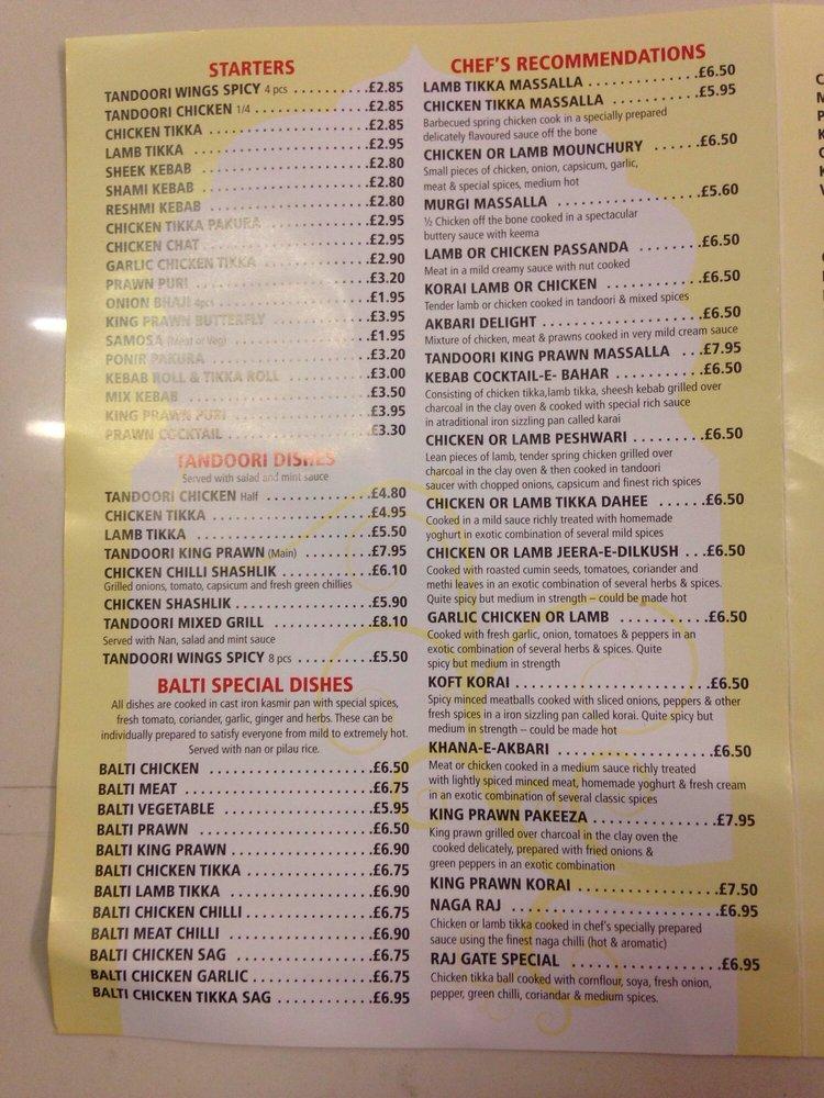 Menu at Raj Gate restaurant, London, 369 Prince Regent Ln