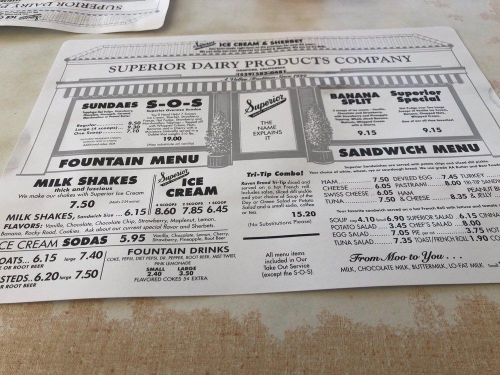 Menu at Superior Dairy restaurant, Hanford