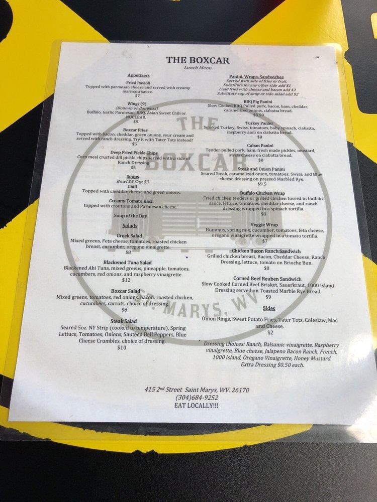 Menu at The Boxcar of Saint Marys restaurant, Saint Marys