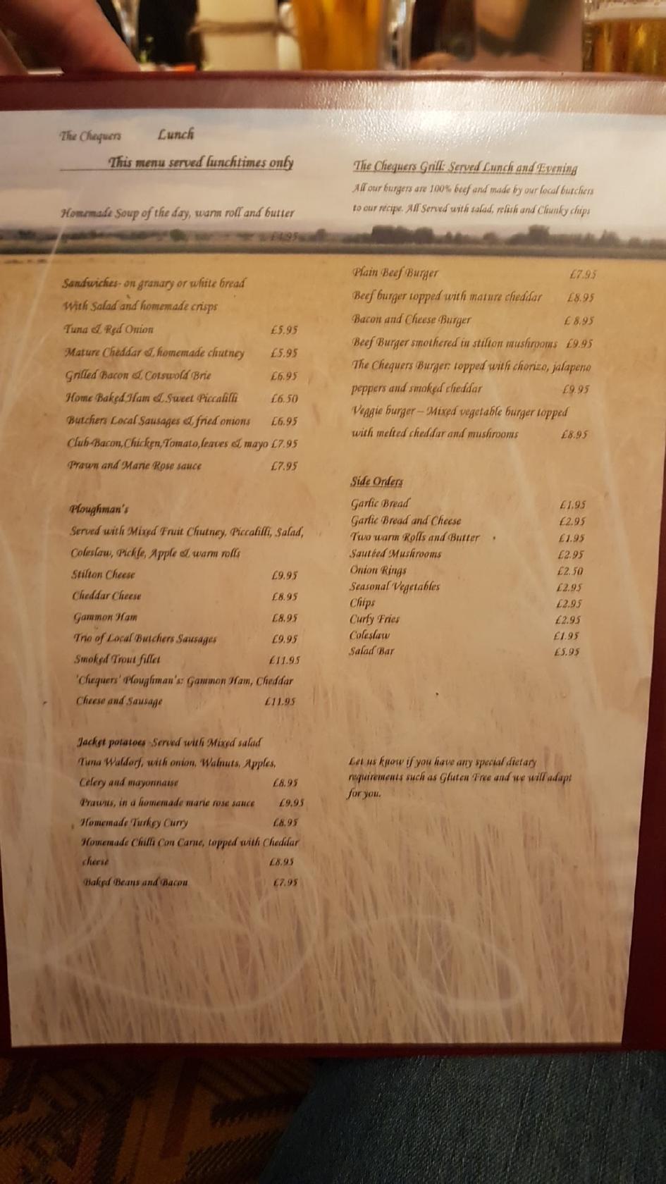 Menu at The Chequers restaurant, Carterton