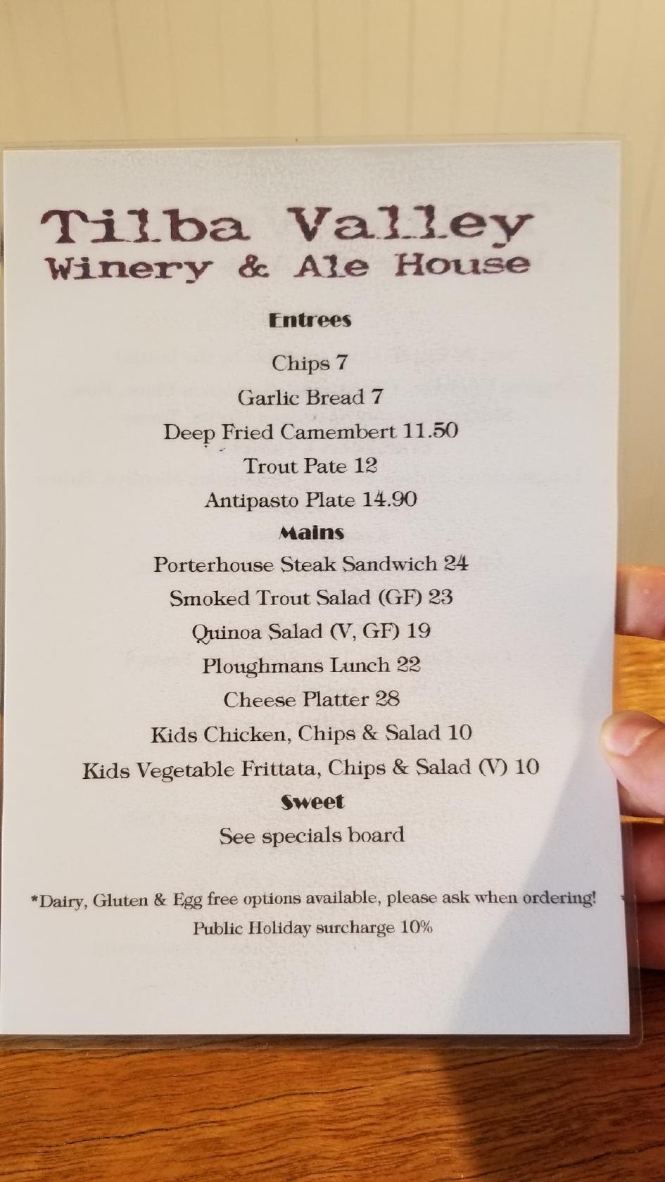 Menu at Tilba Valley Winery & Ale House pub & bar, Corunna, 947 Old Hwy