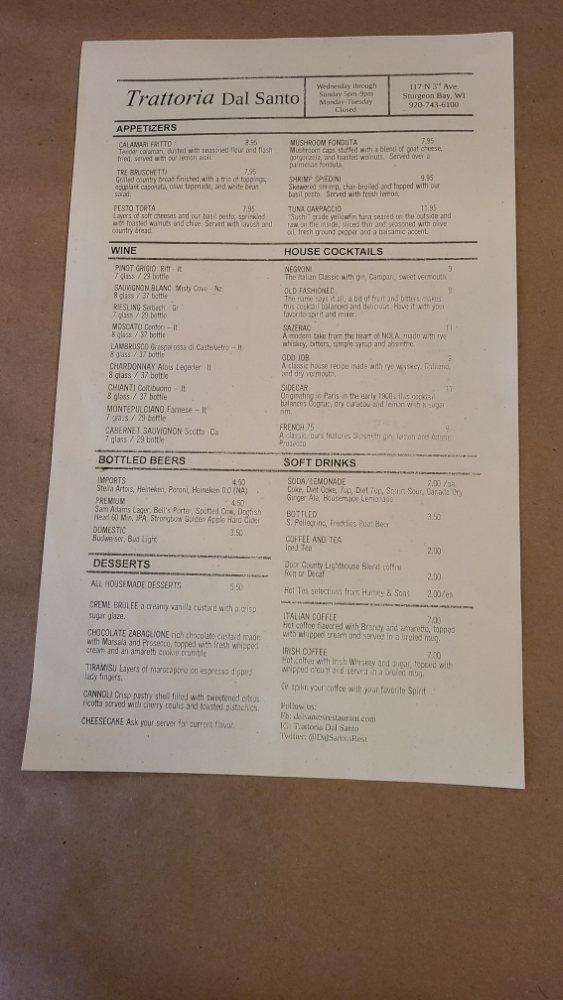 Carta del pub y bar Trattoria Dal Santo, Sturgeon Bay, 117 N 3rd Ave