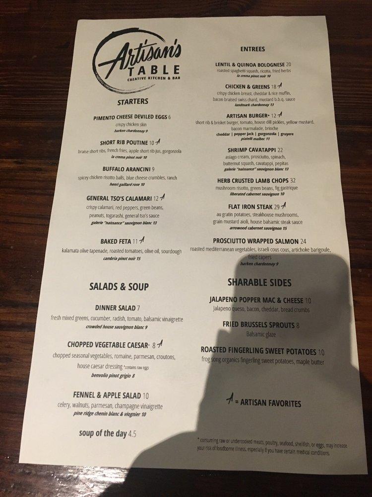 Menu at Artisan's Table restaurant, Orlando