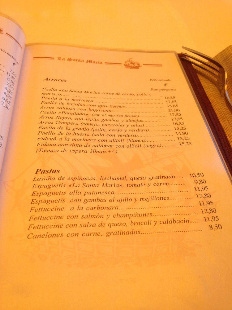 Menu at La Santa Maria restaurant, Sitges