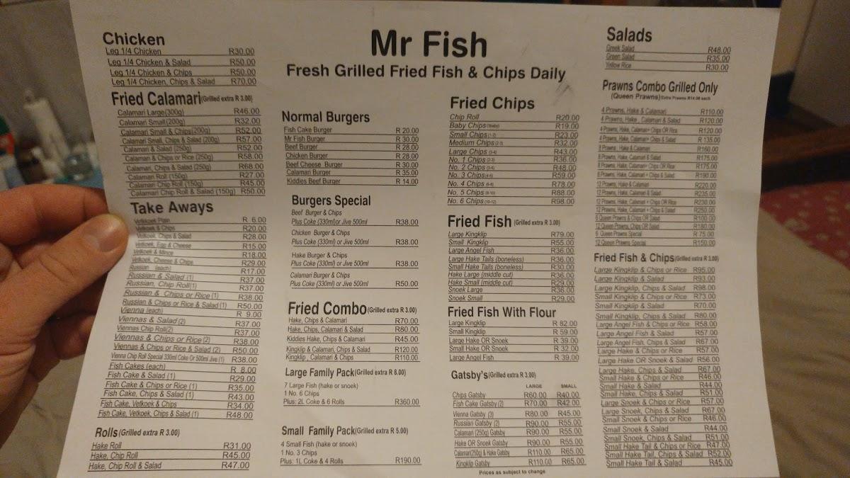 Menu at Mr Fish restaurant, Cape Town