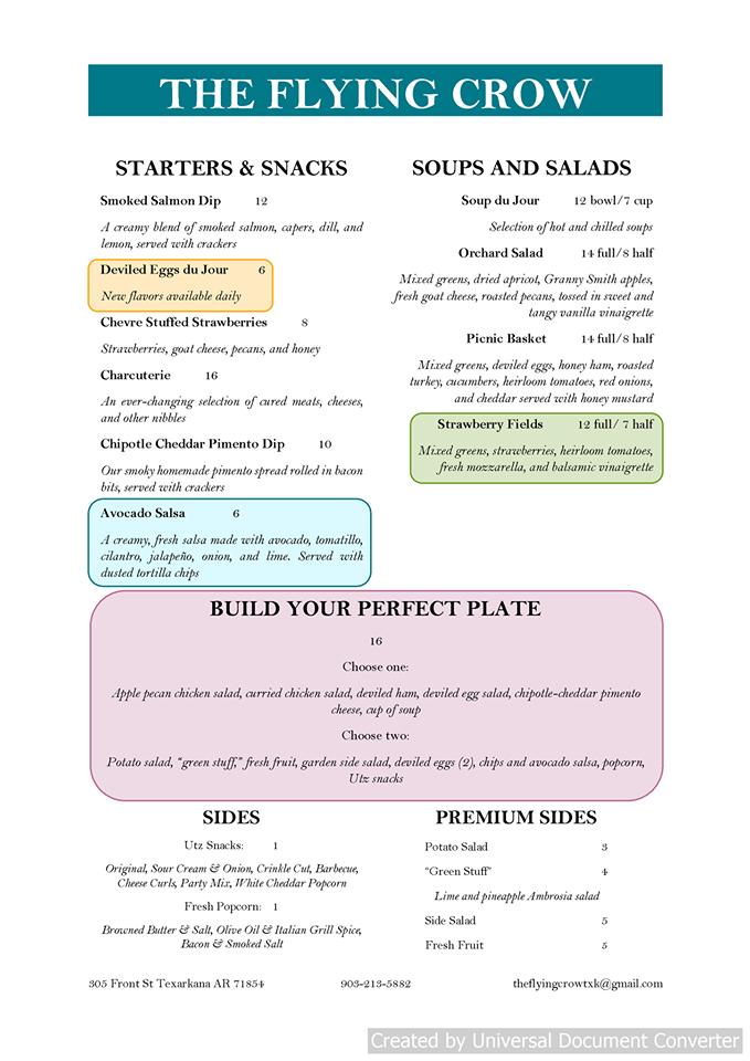 Menu at The Flying Crow restaurant, Texarkana