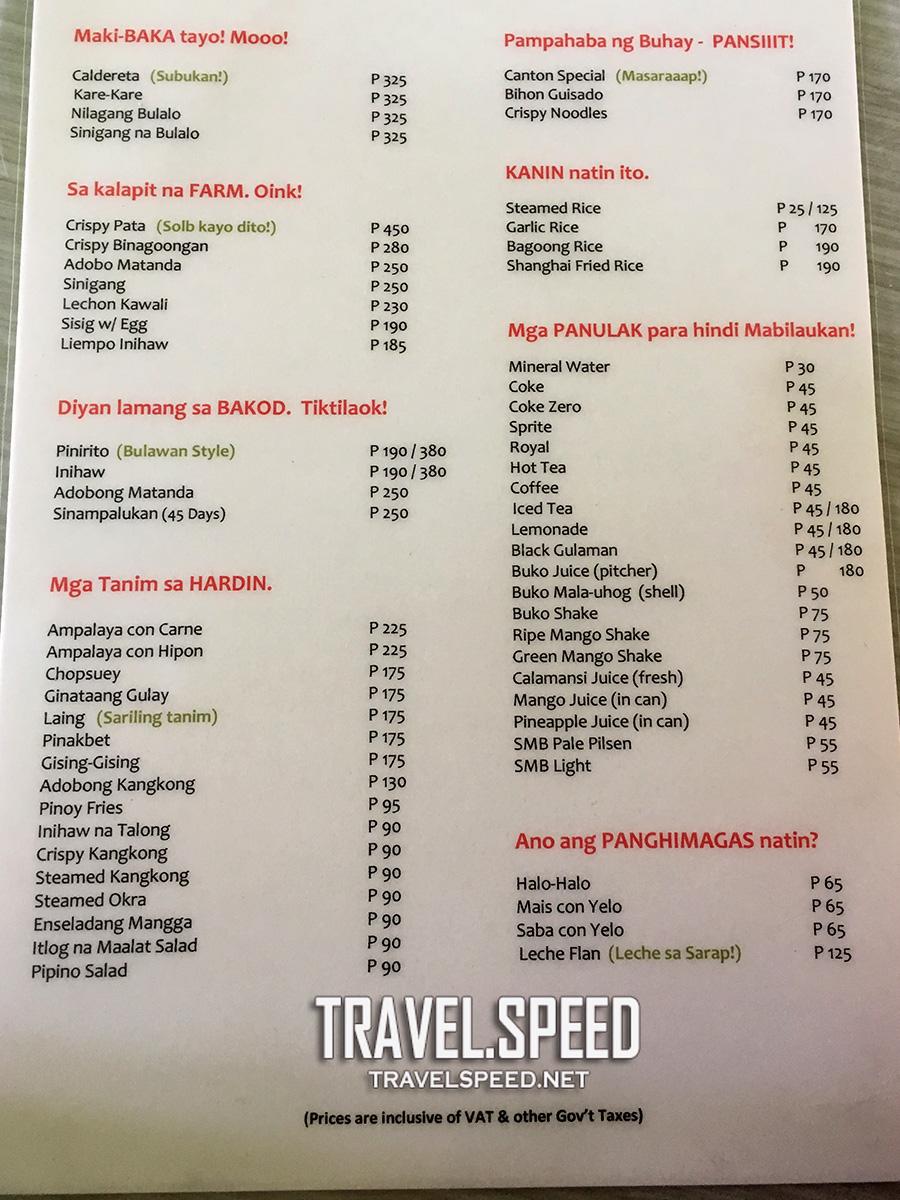 Menu at Bulawan Floating Restaurant, Pililla