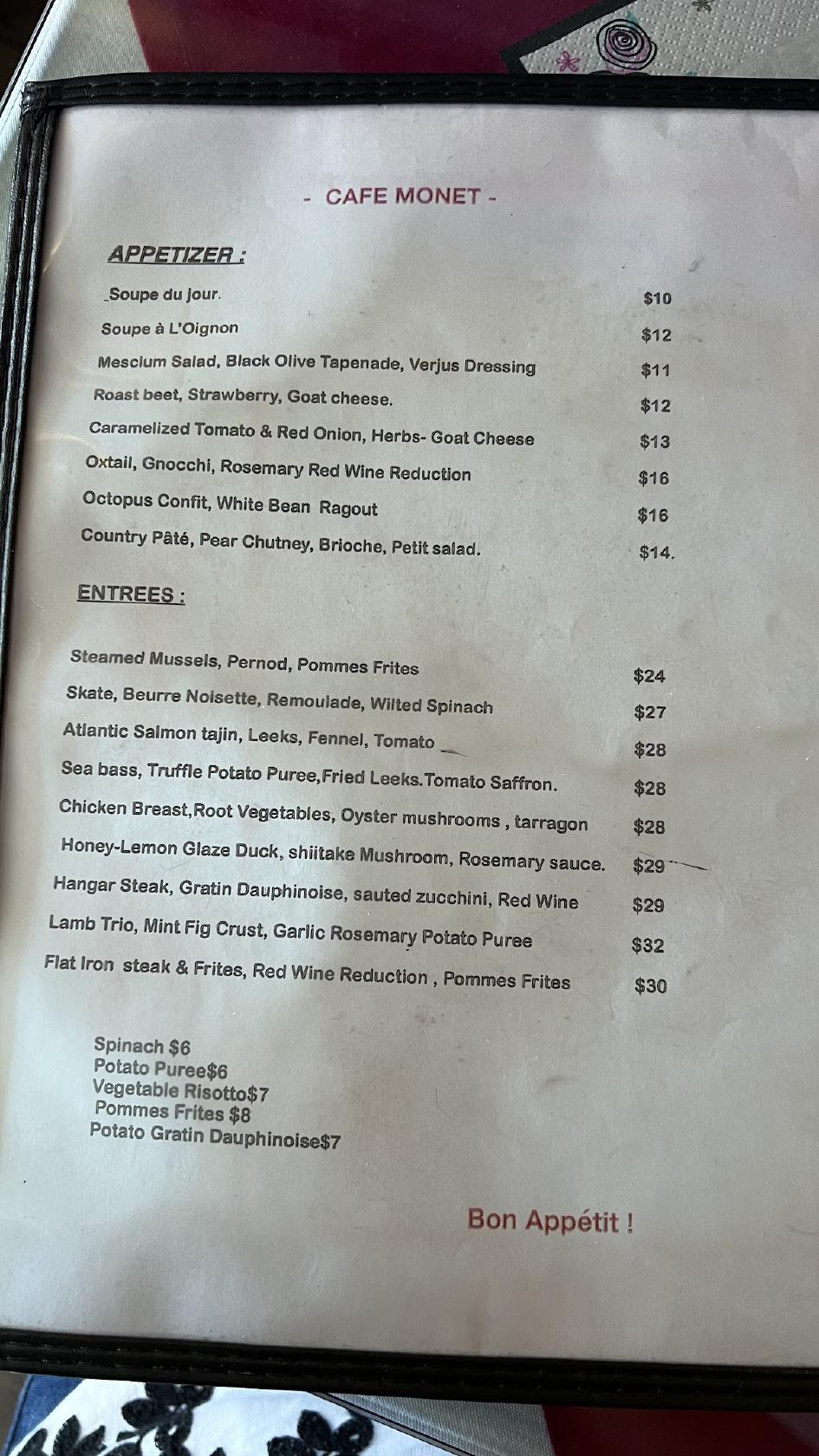 Menu at Cafe Monet, Springfield Township, 309 Millburn Ave