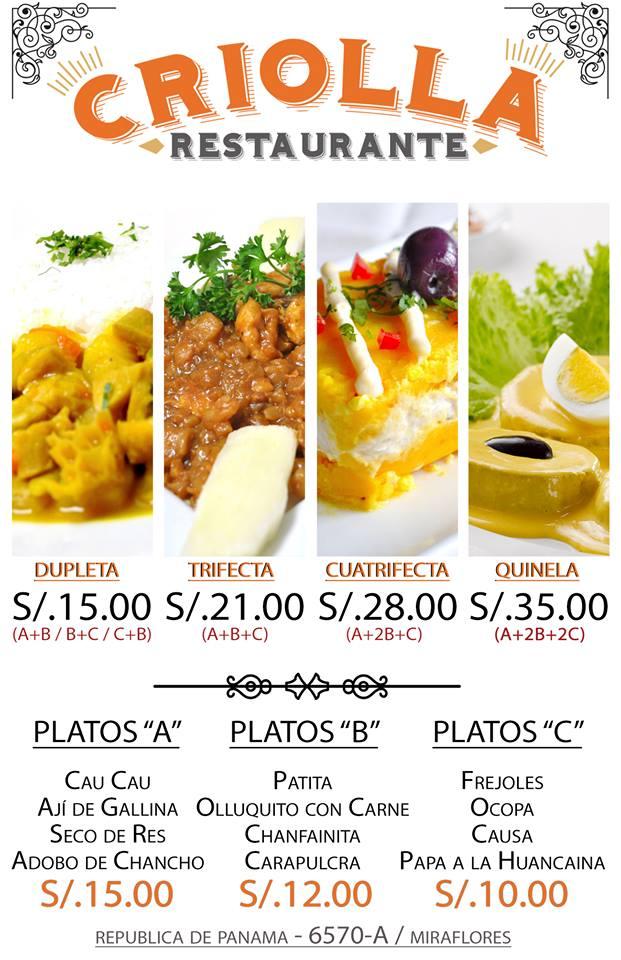 Menu at Criolla Restaurante, Barranco District