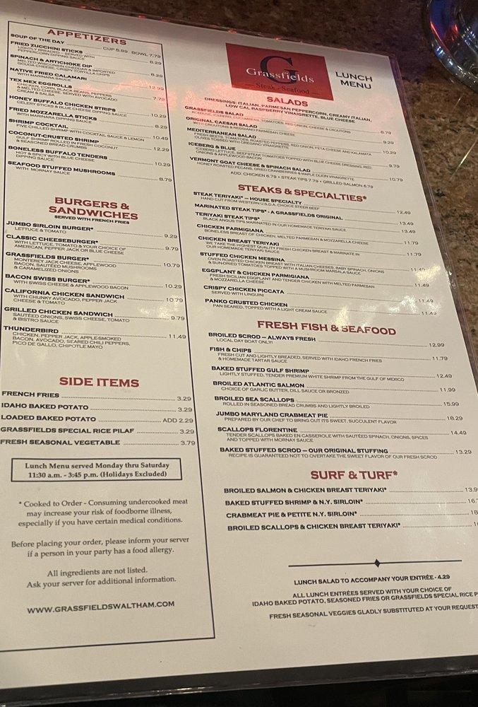Menu at Grassfields steakhouse, Waltham