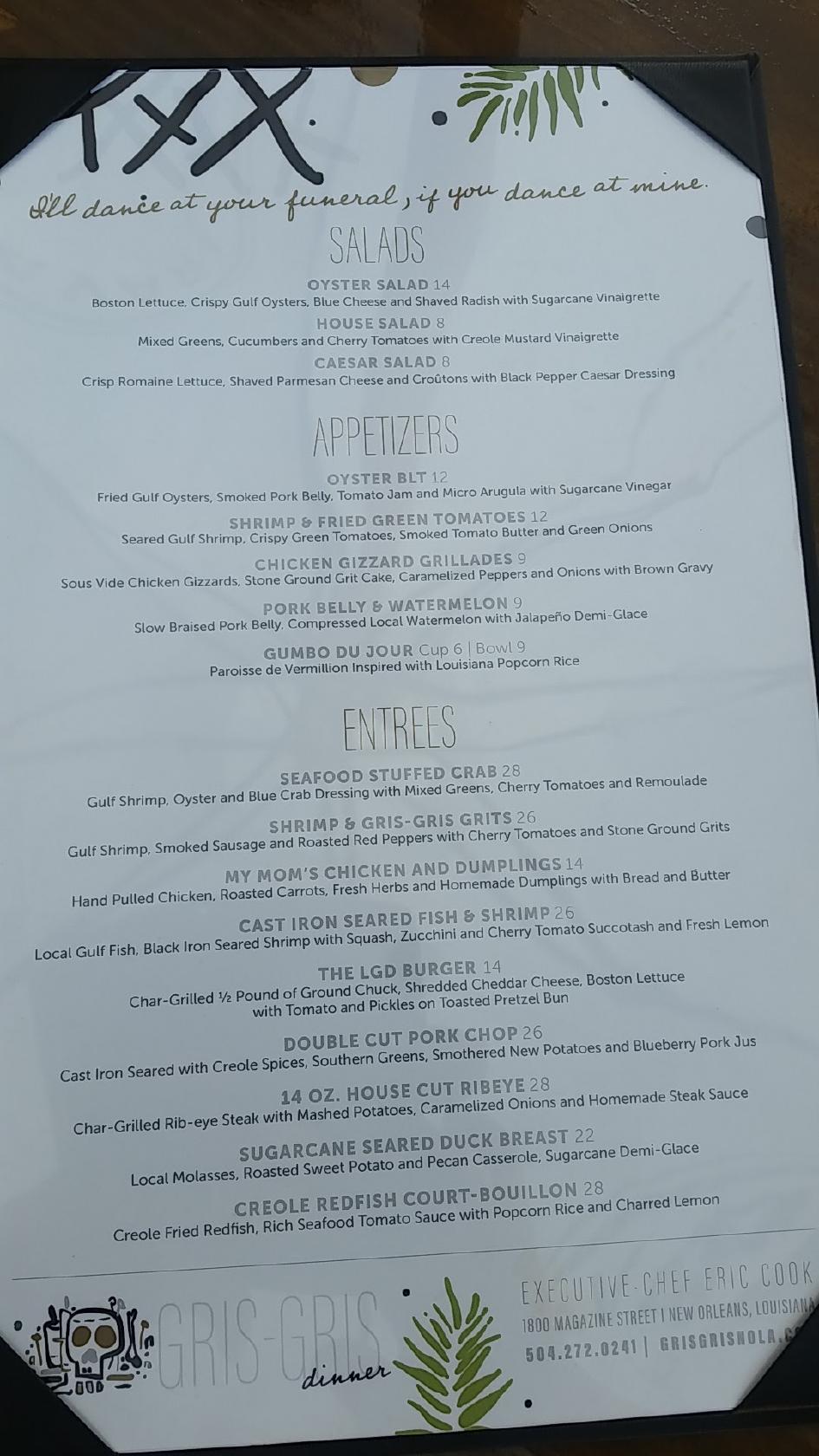 Menu at Gris-Gris restaurant, New Orleans