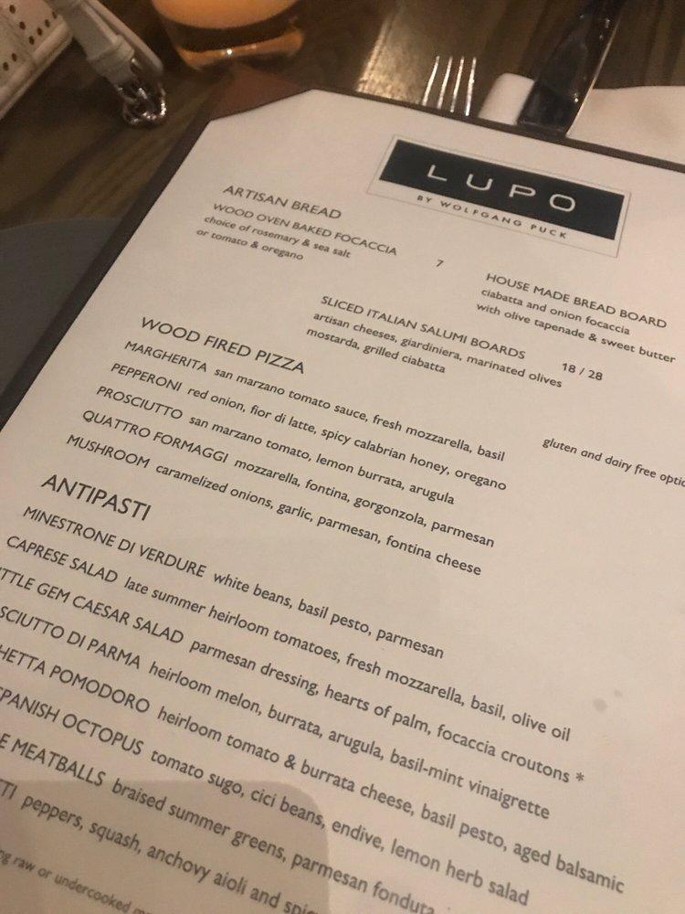 Menu at Lupo by Wolfgang Puck restaurant, Las Vegas, 3950 S Las Vegas Blvd