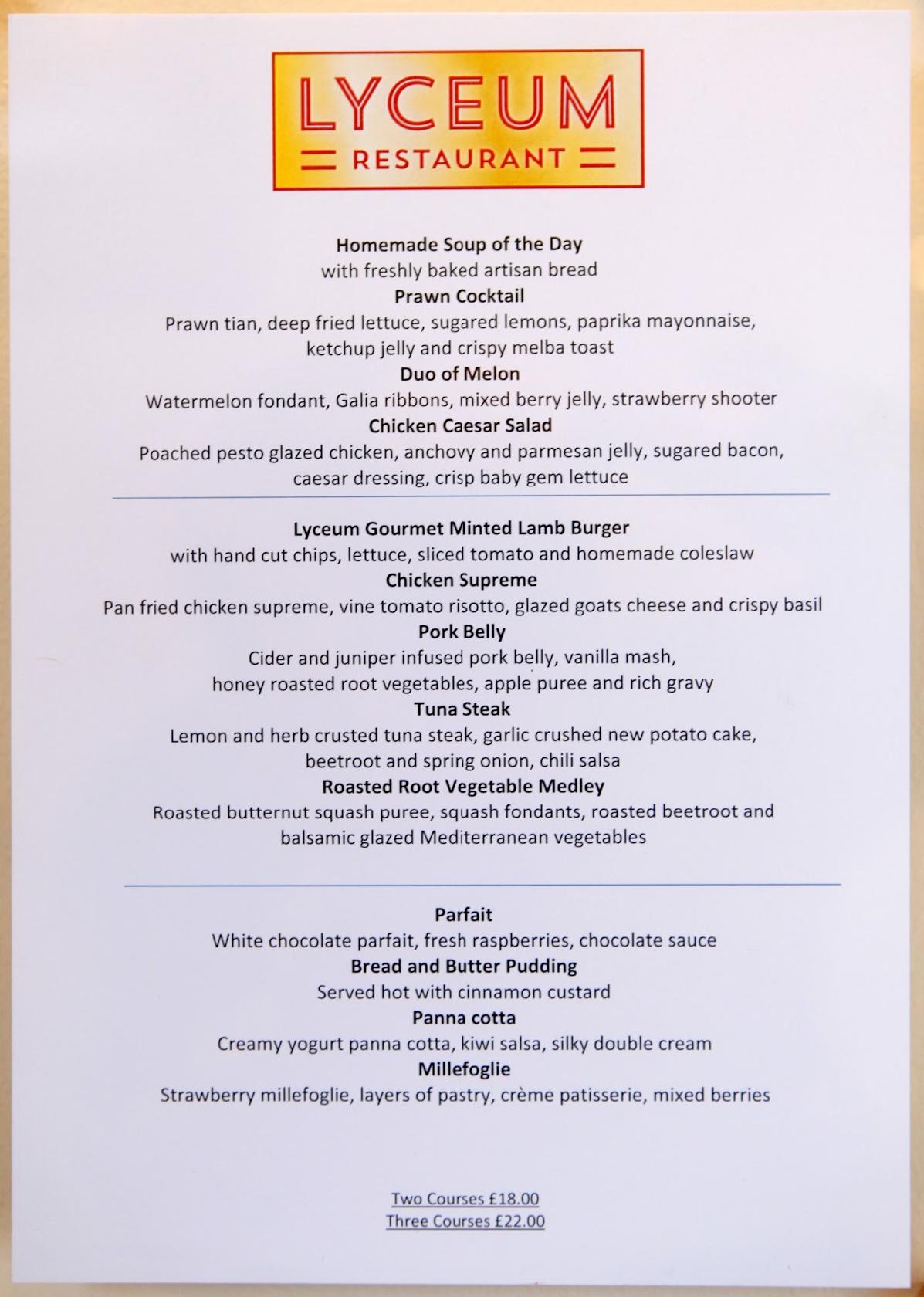 Menu at Lyceum Theatre restaurant, Crewe